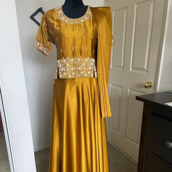 Lehengas | Gold Lacha Lehenga Satin Indian Wedding | Poshmark